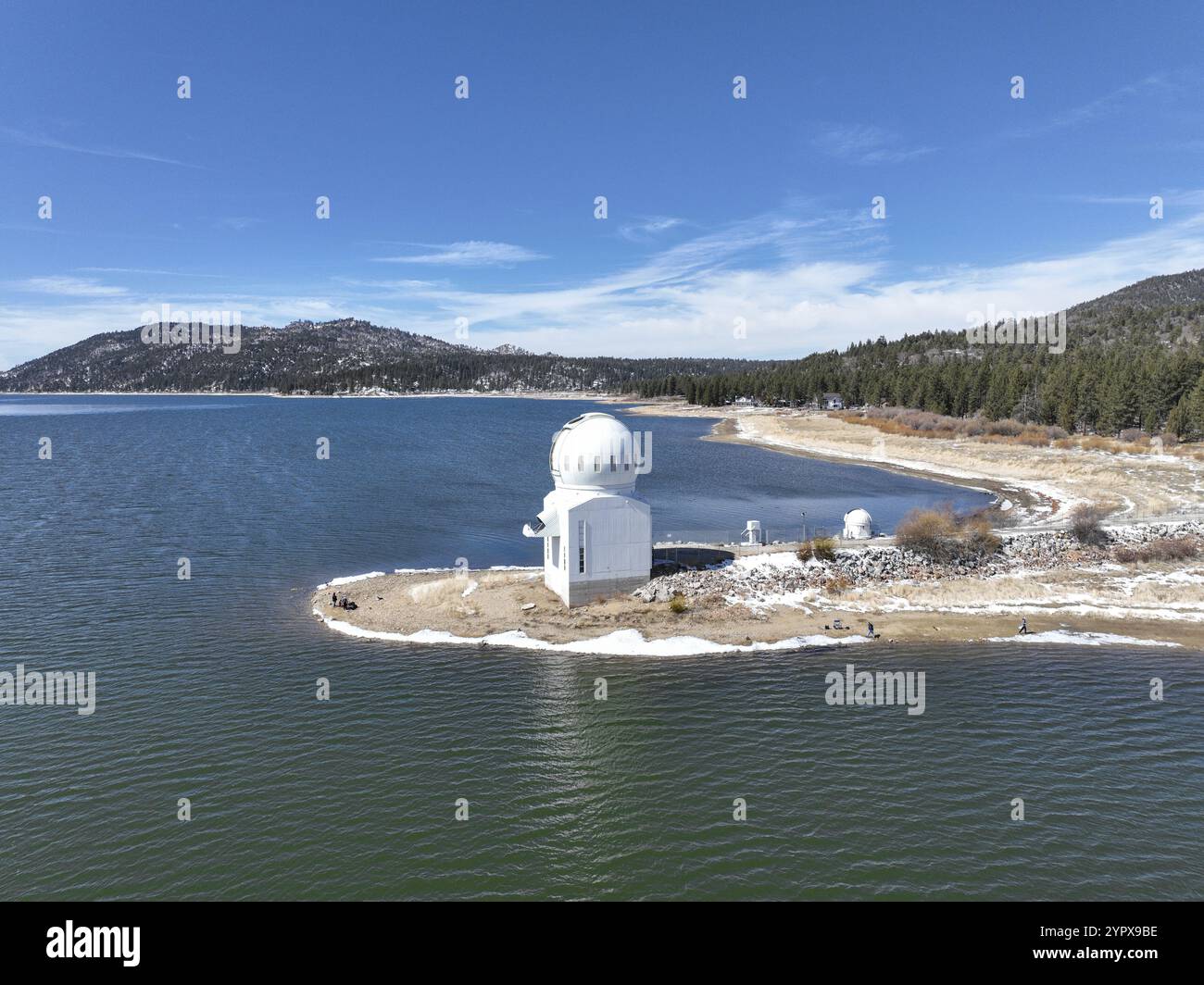 Aerial view of Big Bear Solar Observatory on the shore of Big Bear Lake ...