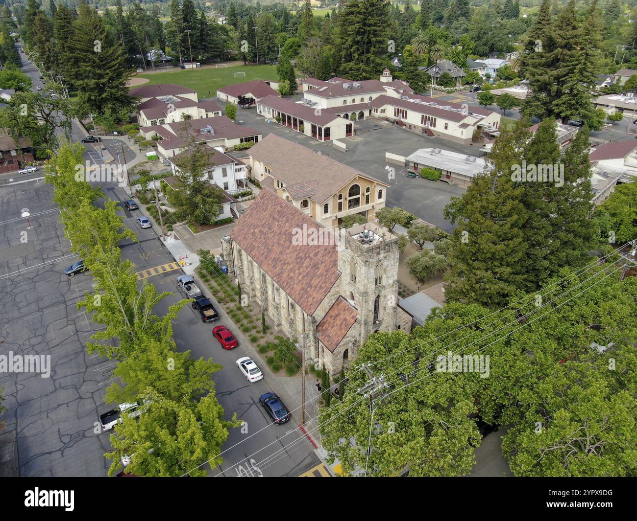 Aerial view of St. Helena Roman Catholic Church, historic church ...