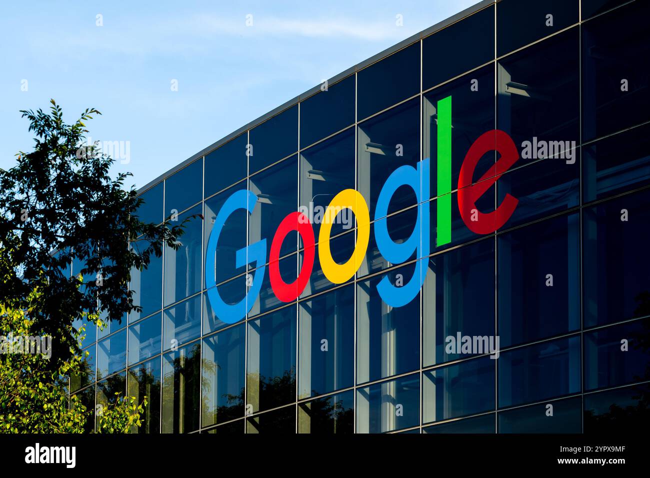 Close up of the Google logo sign on the building in Mountain View ...