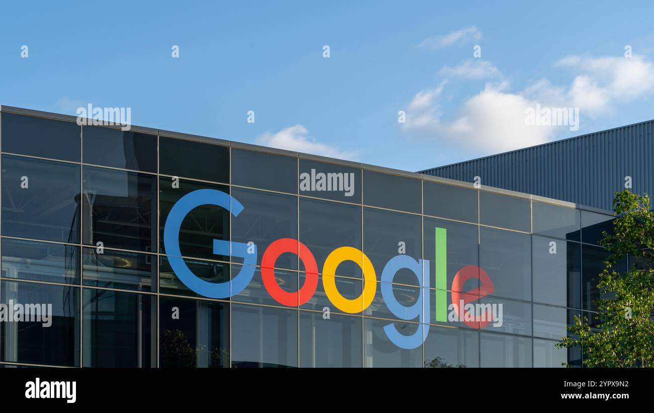 Close up of the Google logo sign on the building in Mountain View ...
