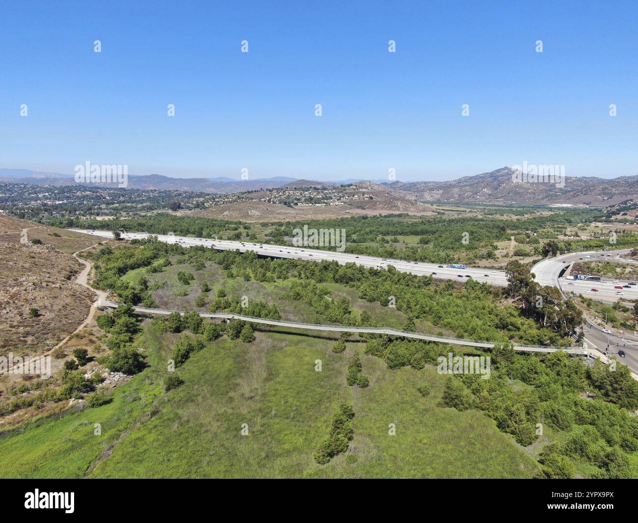 Aerial view of Rancho Bernardo mountain with freeway road on the ...