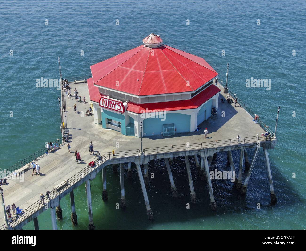 Aerial view of Huntington Pier with Ruby's Diner during sunny summer ...