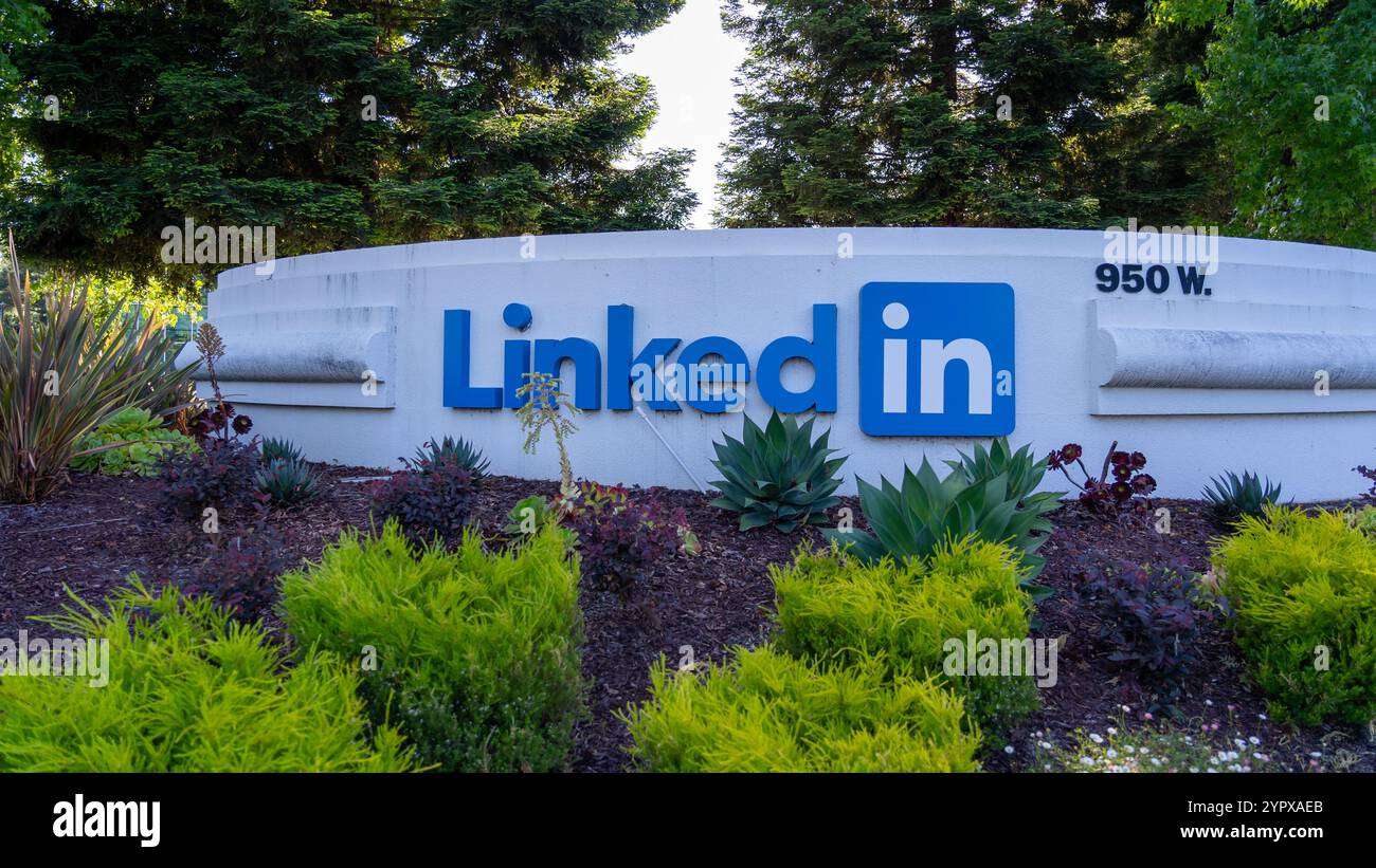 LinkedIn ground sign is seen at its campus in Sunnyvale, California ...