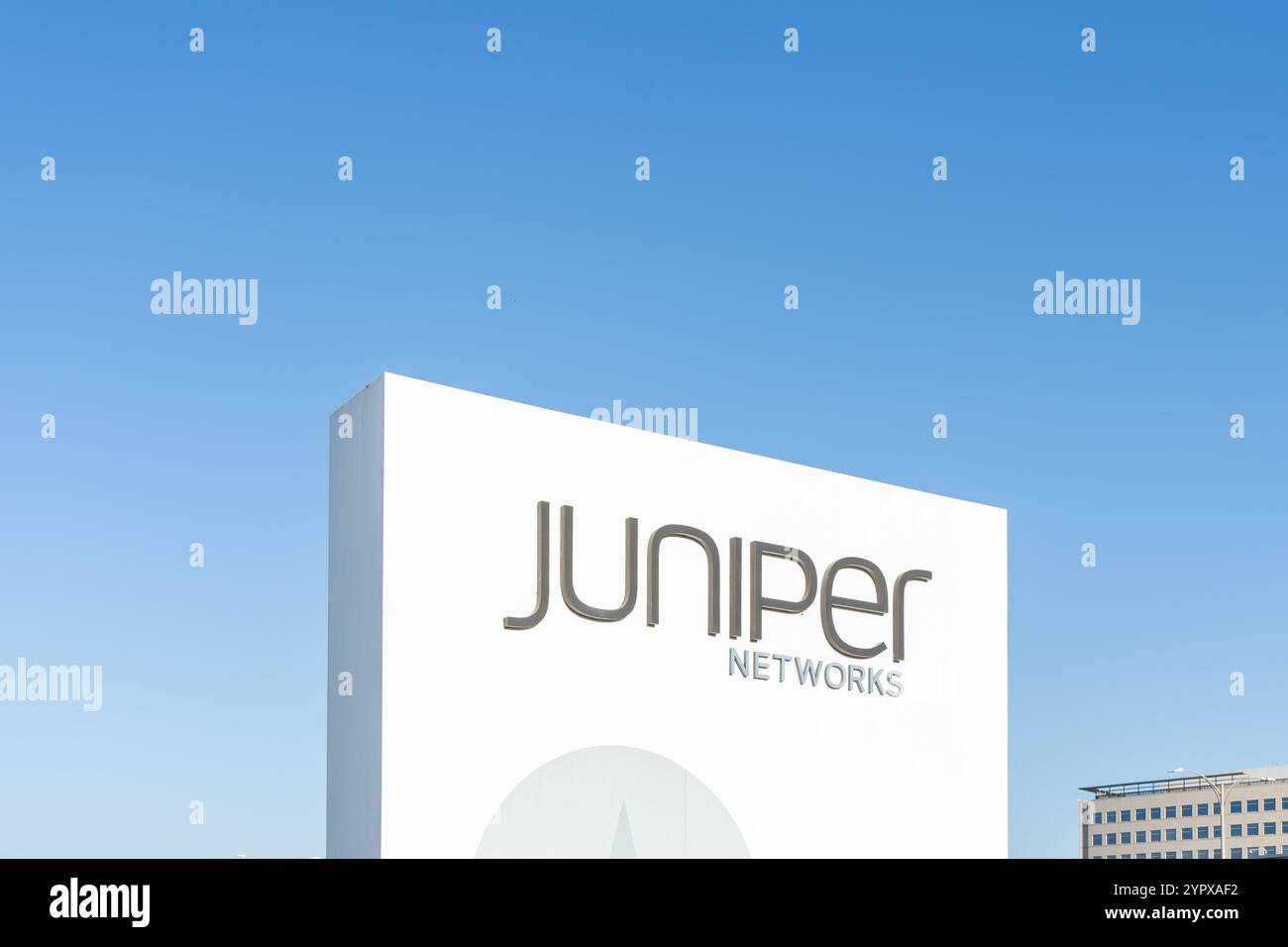 Juniper Networks sign at its headquarters in Sunnyvale, California, USA ...