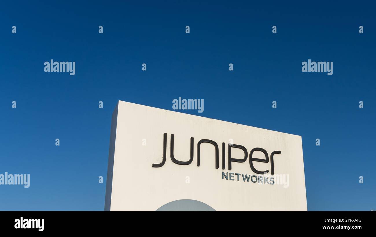 Juniper Networks sign at its headquarters in Sunnyvale, California, USA ...