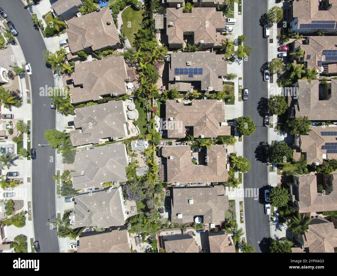 Aerial view of upper middle class neighborhood with residential houses ...