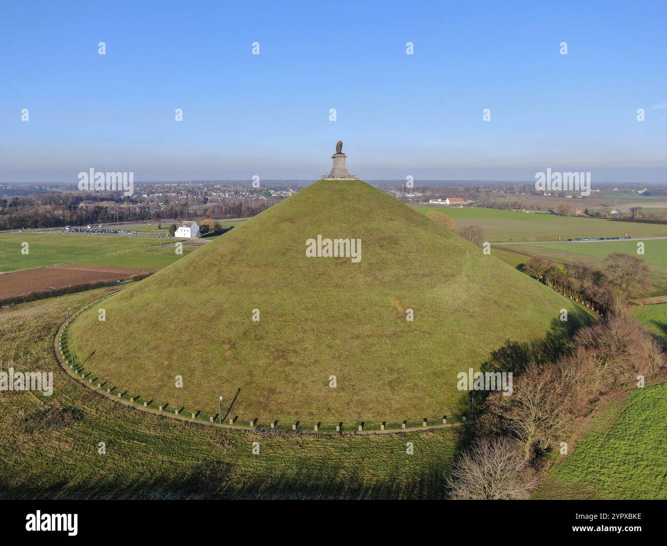 Aerial view of The Lion's Mound with farm land around. The immense ...