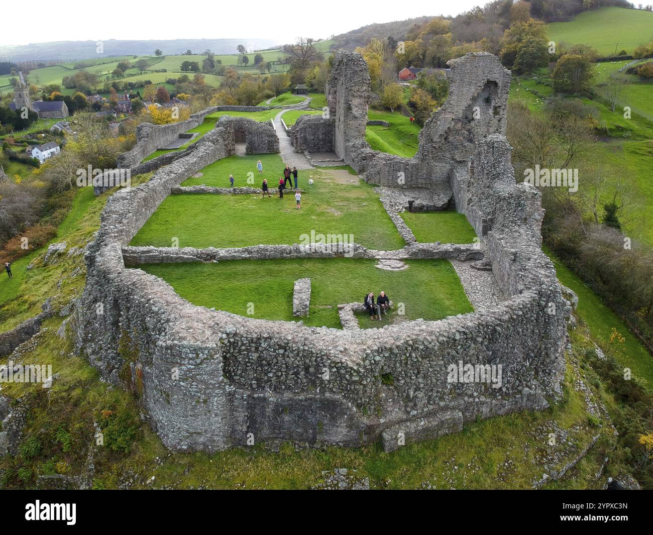 Aerial view Montgomery Castle in Powys, Wales. Top view Montgomery ...