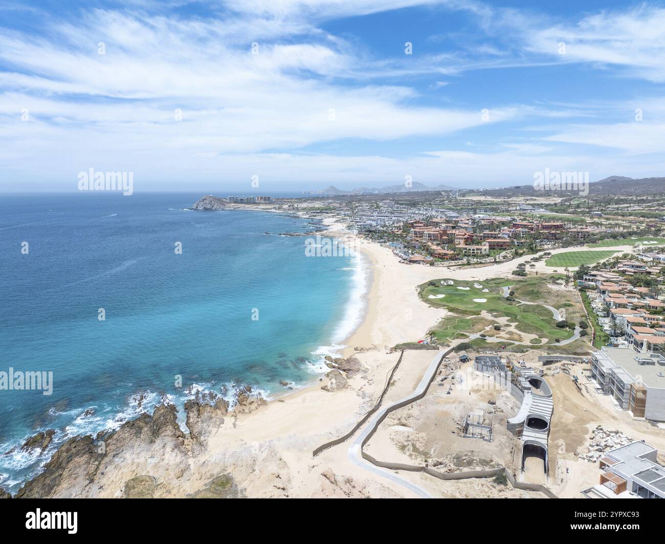 Aerial view of tropical beach with resorts in Cabo San Jose, Baja ...