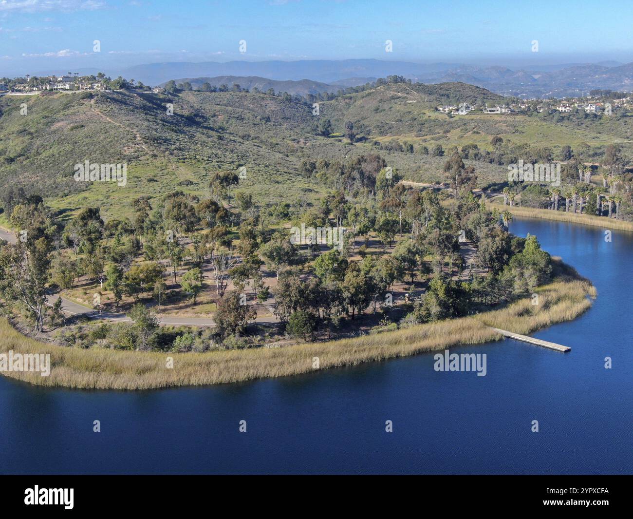 Aerial view of Miramar reservoir in the Scripps Miramar Ranch community ...