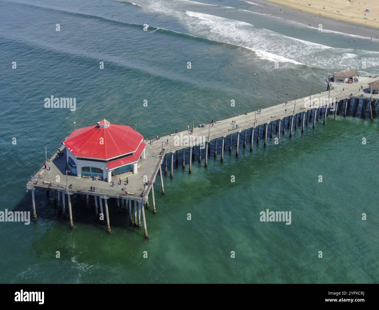 Aerial view of Huntington Pier, beach and coastline during sunny summer ...