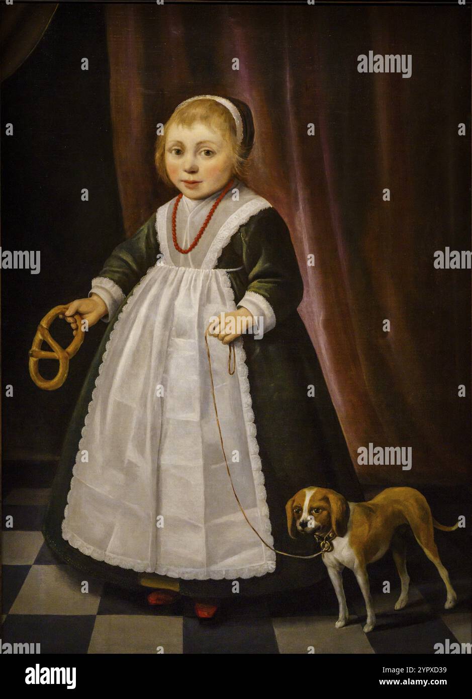 A girl holding a pretzel with a dog at her side, Jacob Gerrittz, Nins, portraits of children s ...