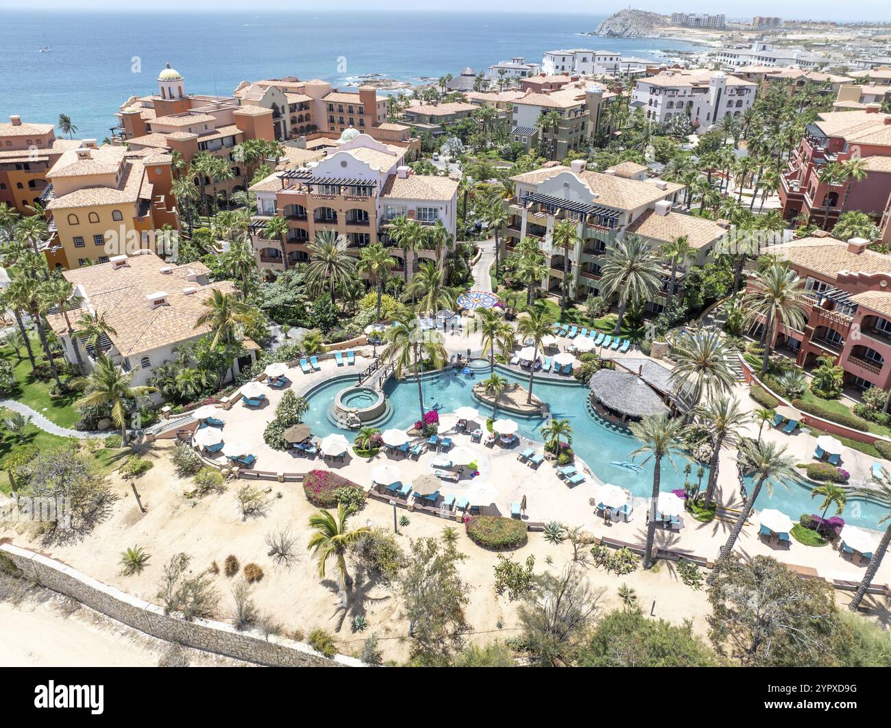 Aerial view of big resorts with pool in Cabo San Jose, Baja California ...