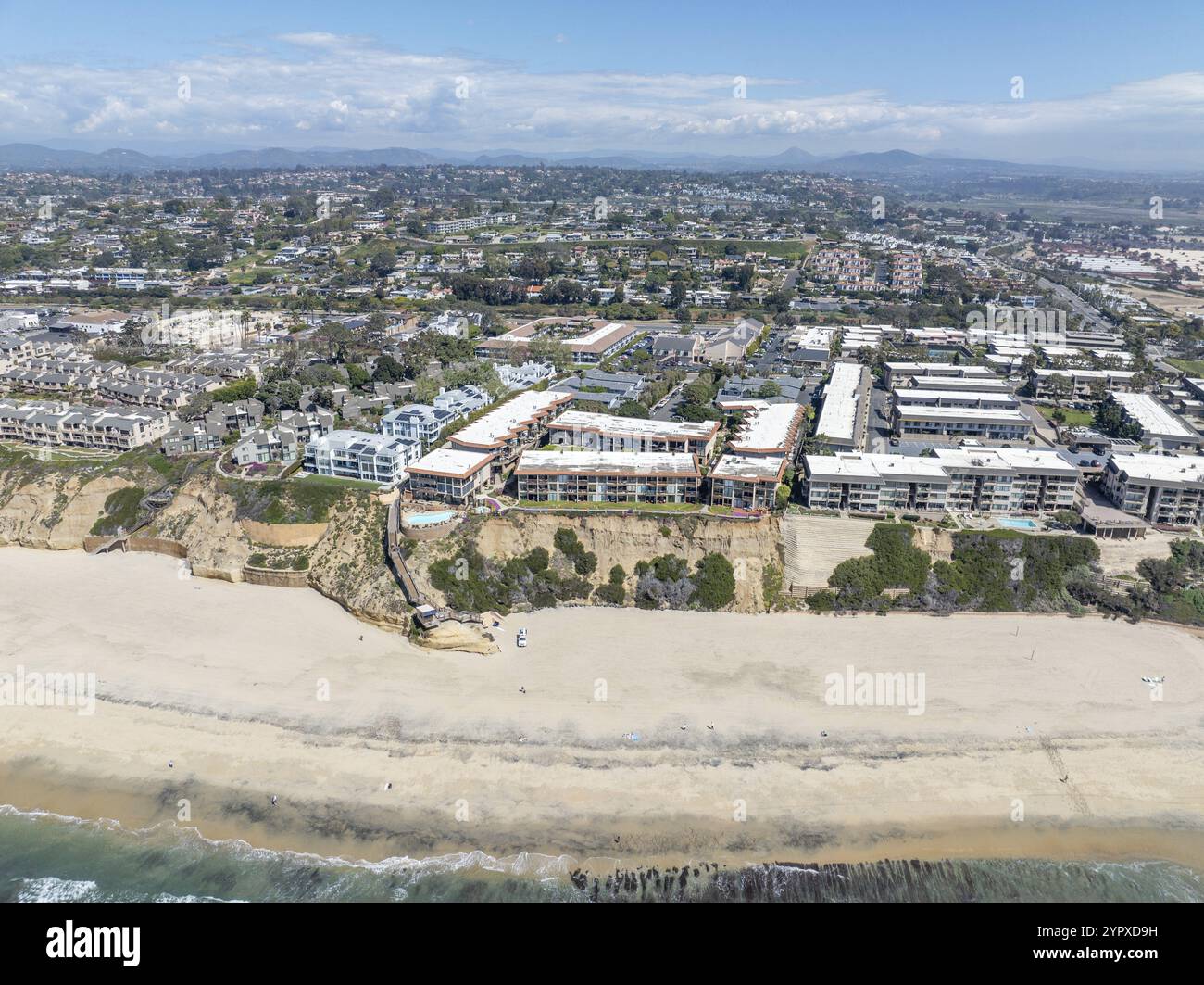 Aerial view of Del Mar Shores, California coastal cliffs and House with ...