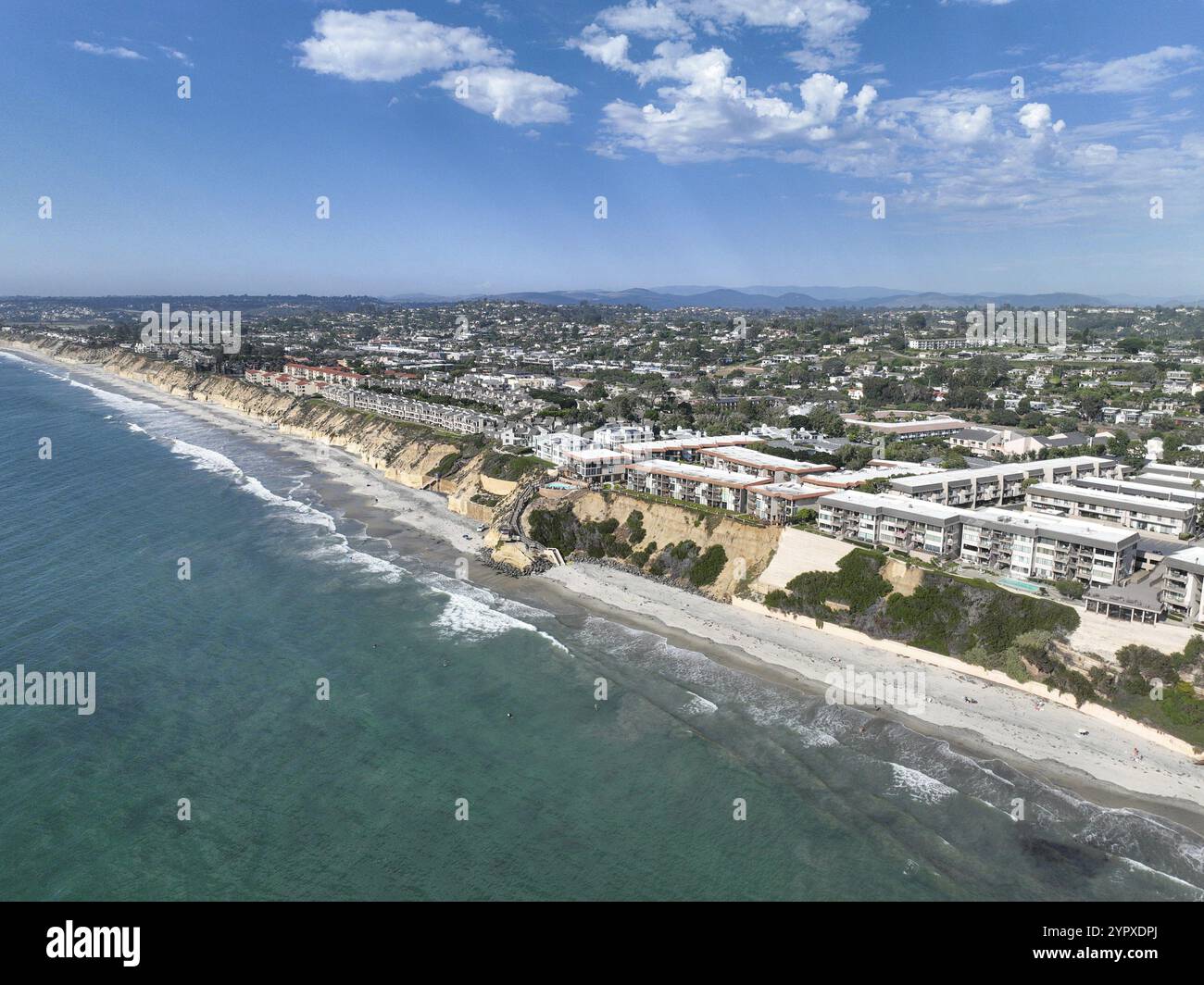 Aerial view of Del Mar Shores, California coastal cliffs and House with ...