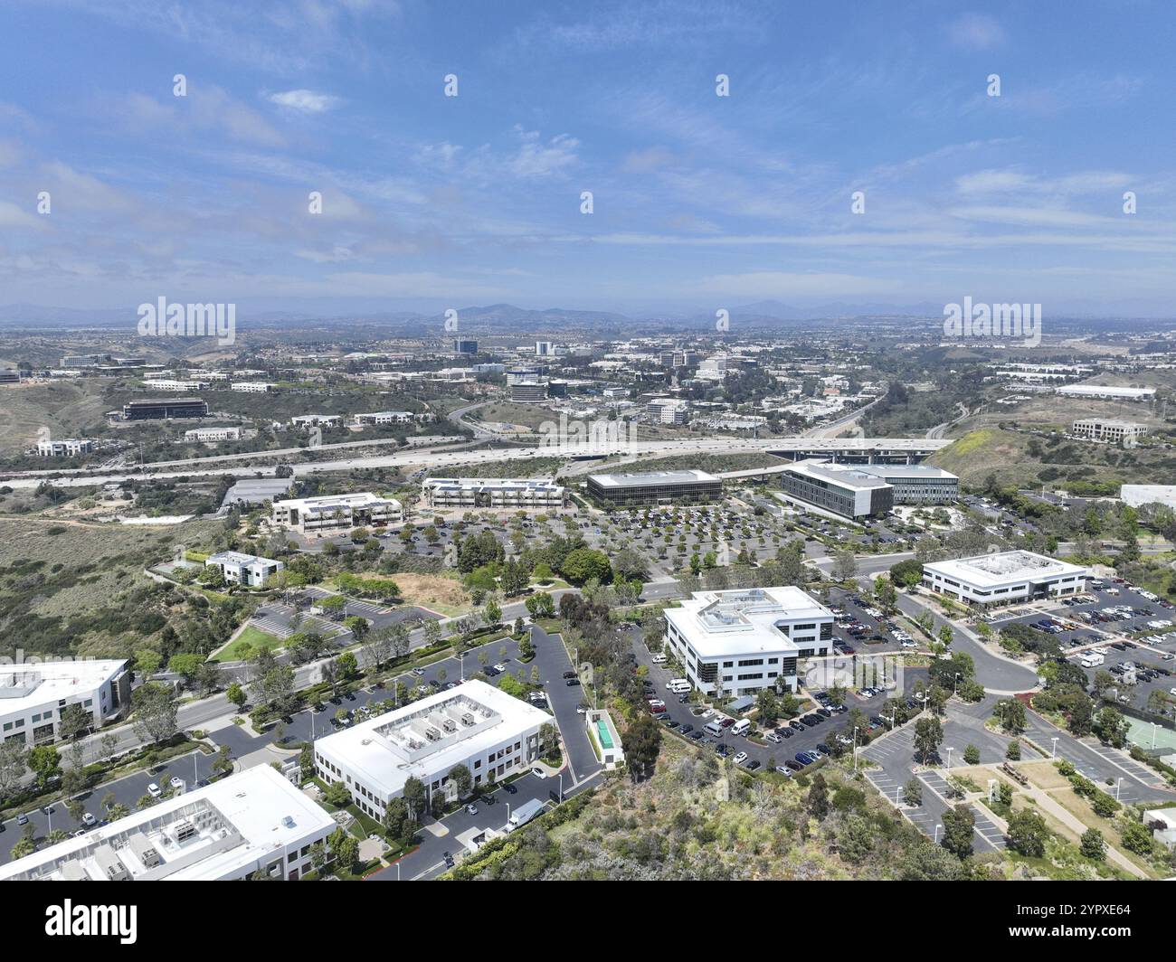 Aerial view of business park with mixed use facility service building ...
