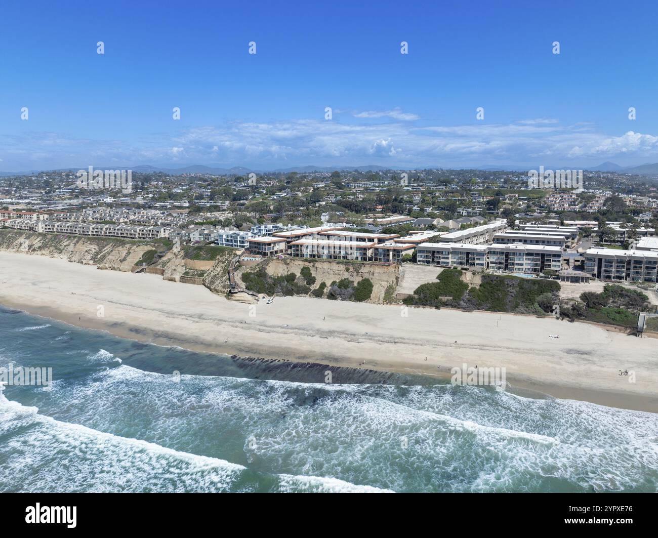 Aerial view of Del Mar Shores, California coastal cliffs and House with ...
