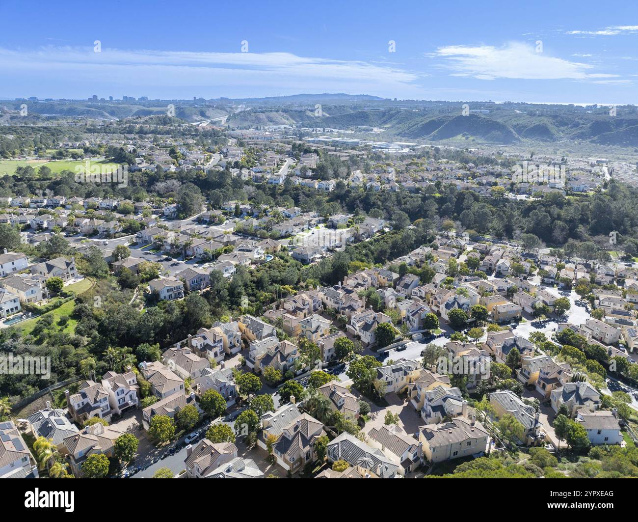 Aerial view of middle class subdivision neighborhood with residential ...