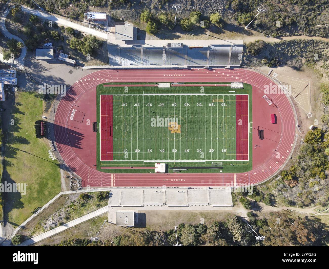 Aerial top view of American football field in San Diego, California ...