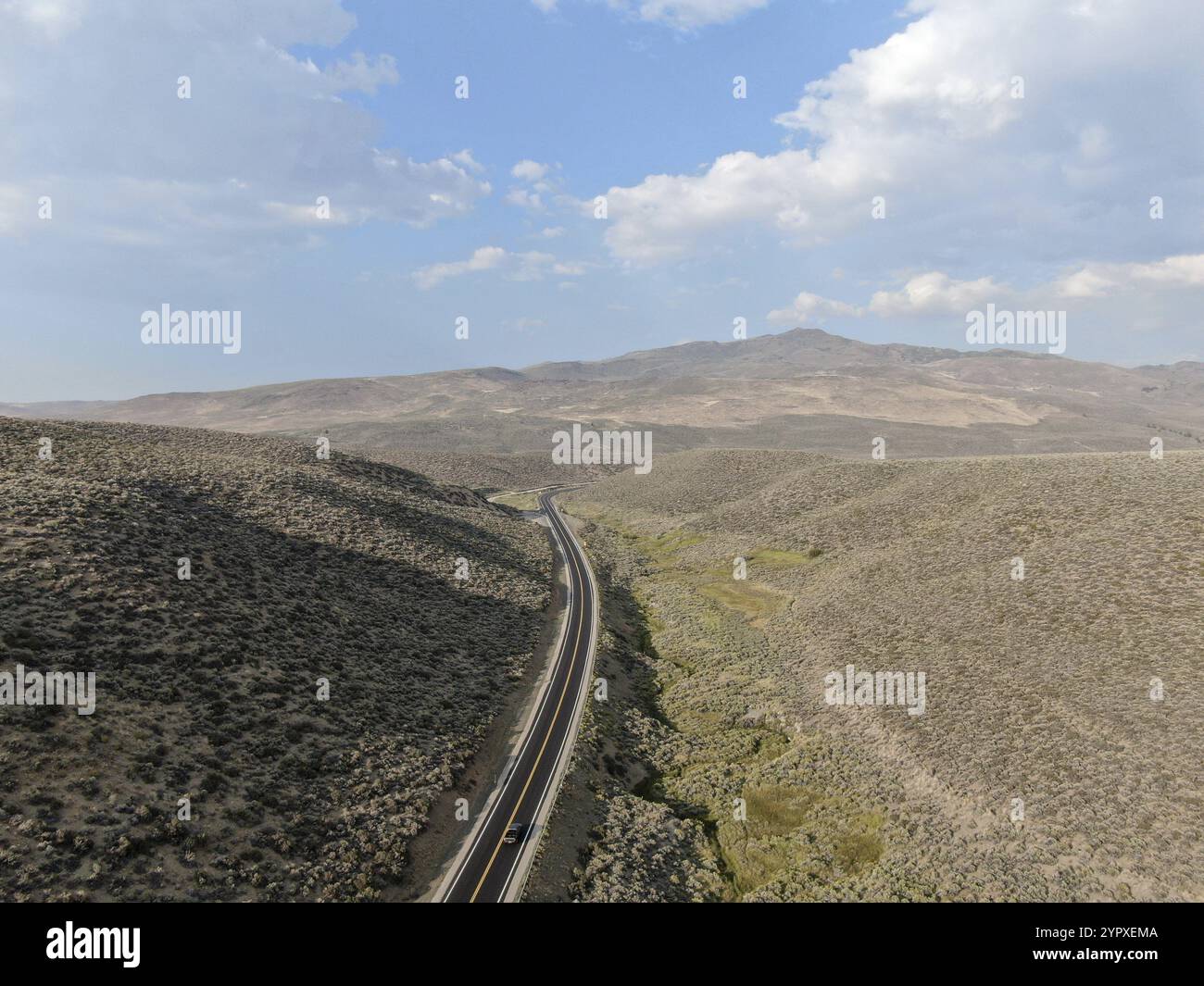 Aerial view of scenic road in the middle of green desert valley in Mono ...