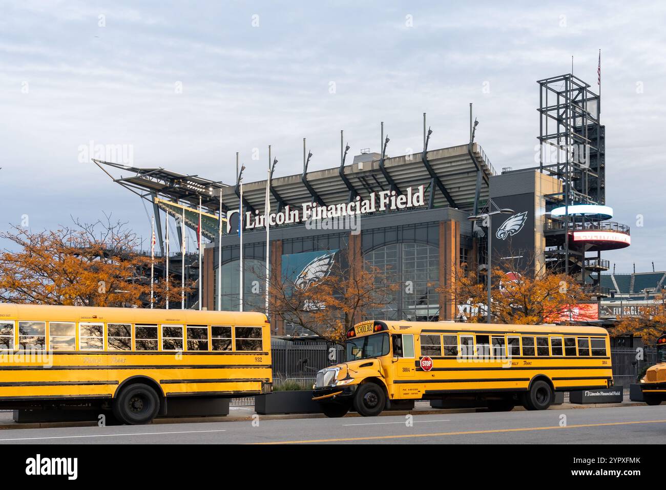 Two school buses in front of Lincoln Financial Field in Philadelphia ...