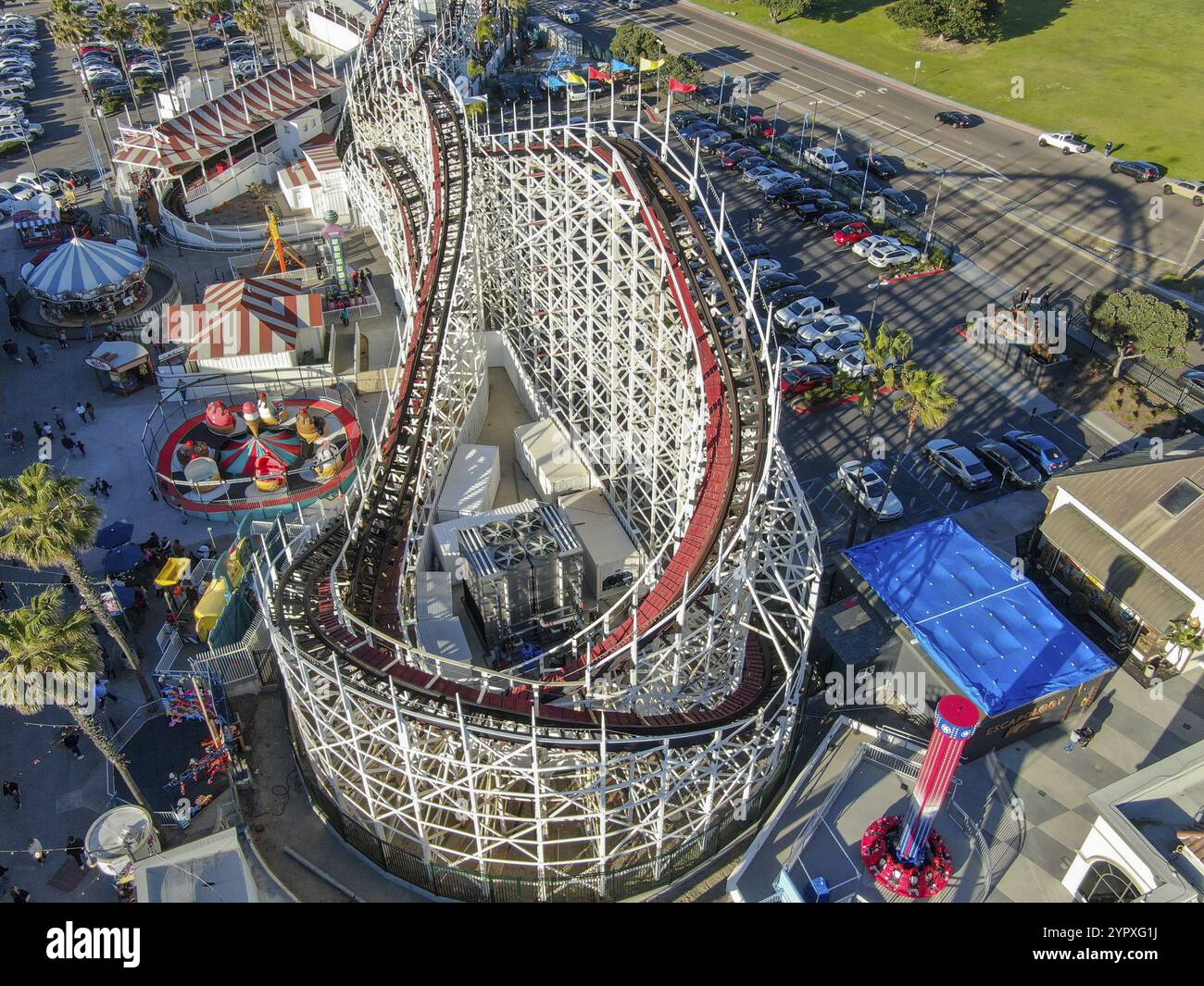 Aerial view of iconic Giant Dipper roller coaster in Belmont Park, an ...