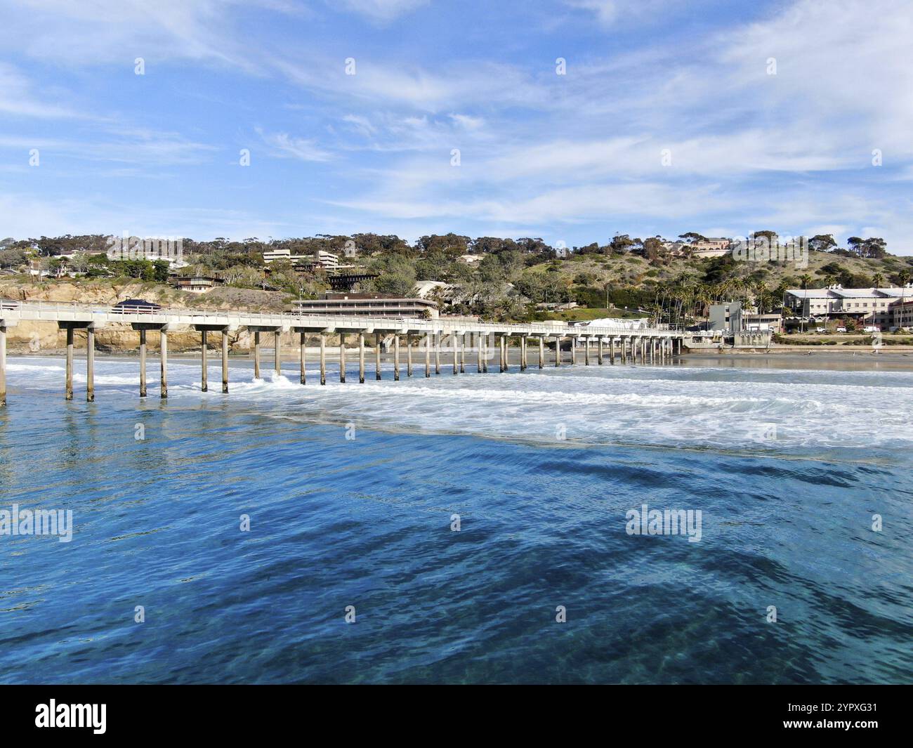 Aerial view of the scripps pier institute of oceanography, La Jolla ...