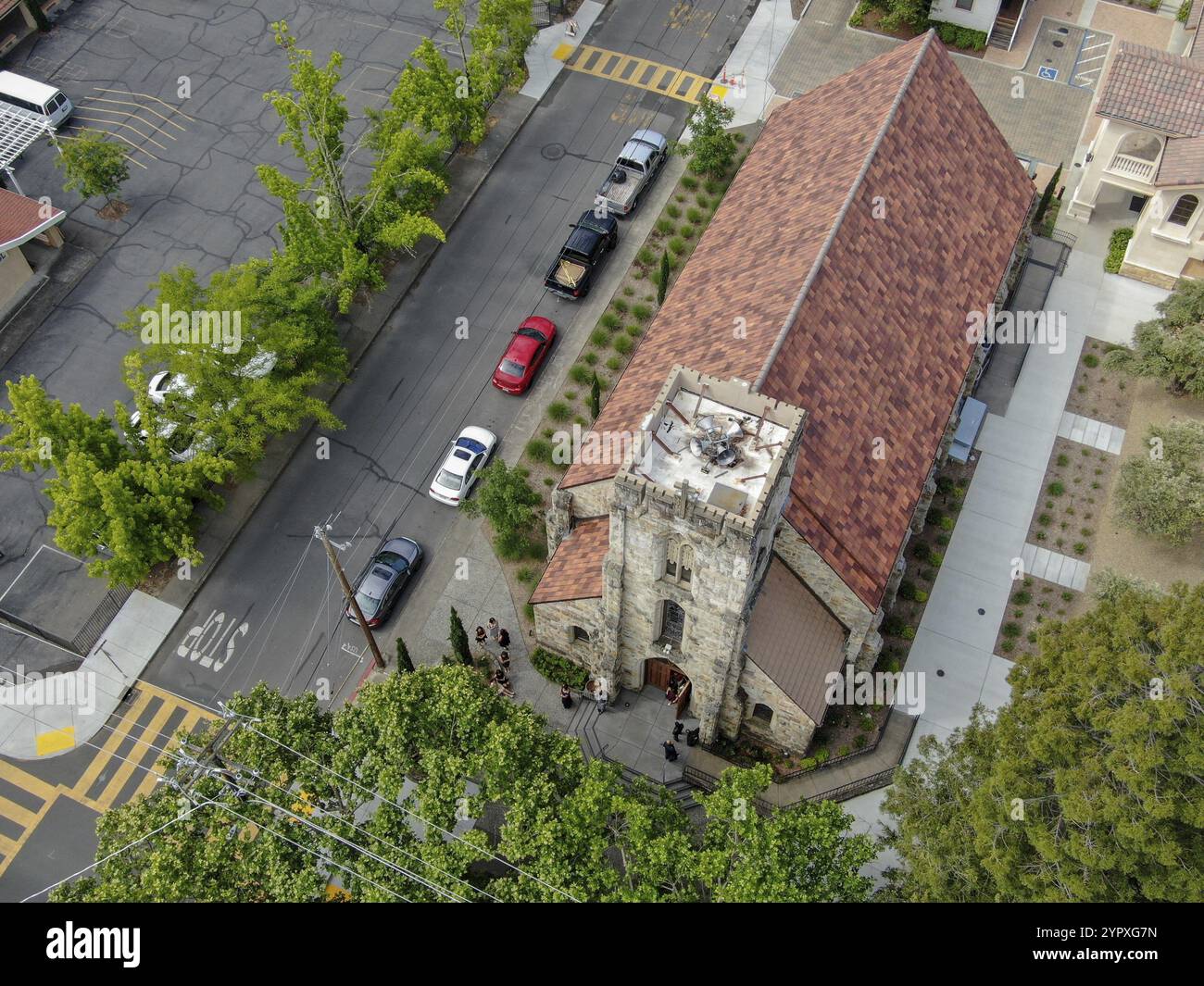 Aerial view of St. Helena Roman Catholic Church, historic church ...