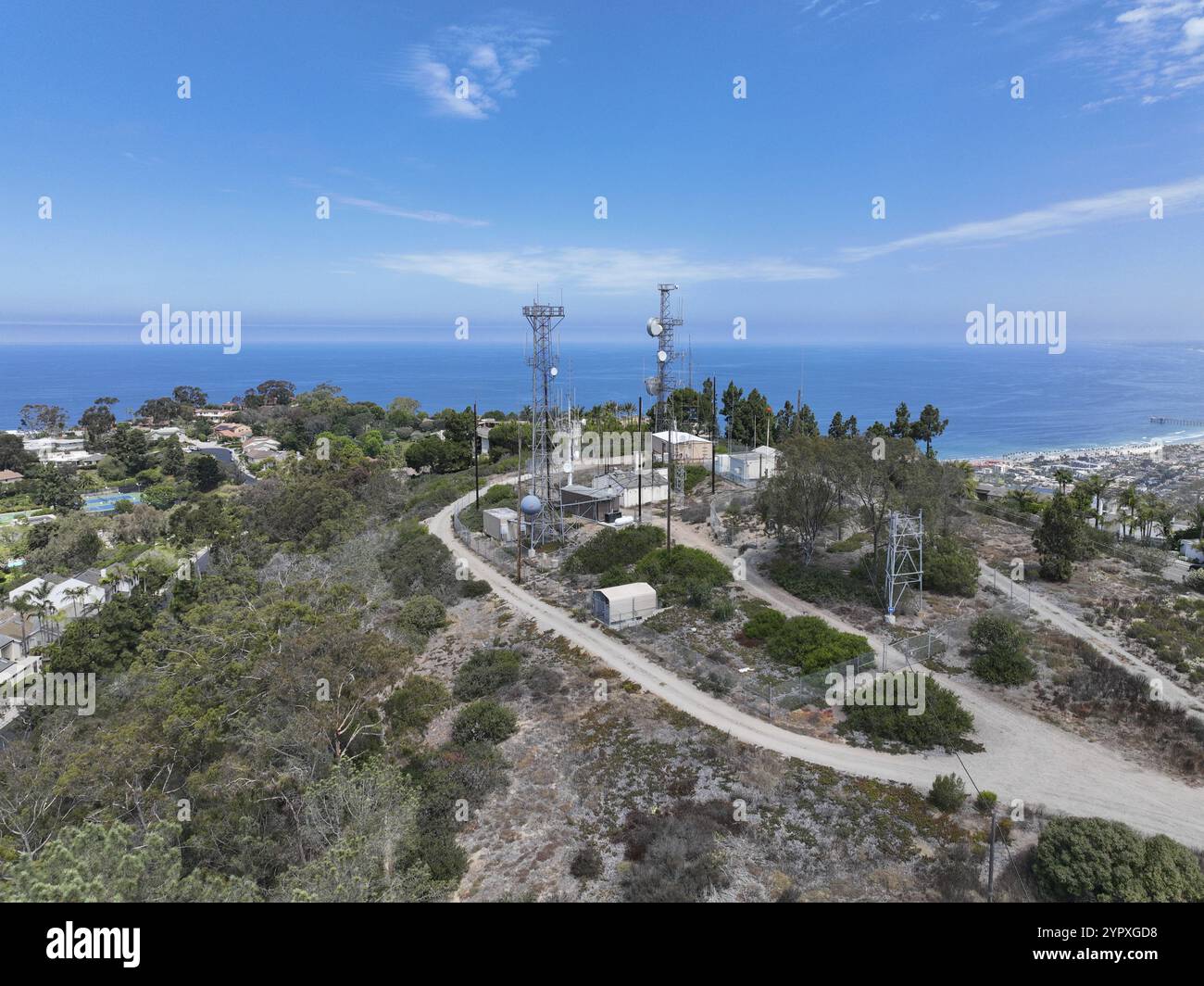Aerial view of telecommunication tower with 5G cellular network antenna ...