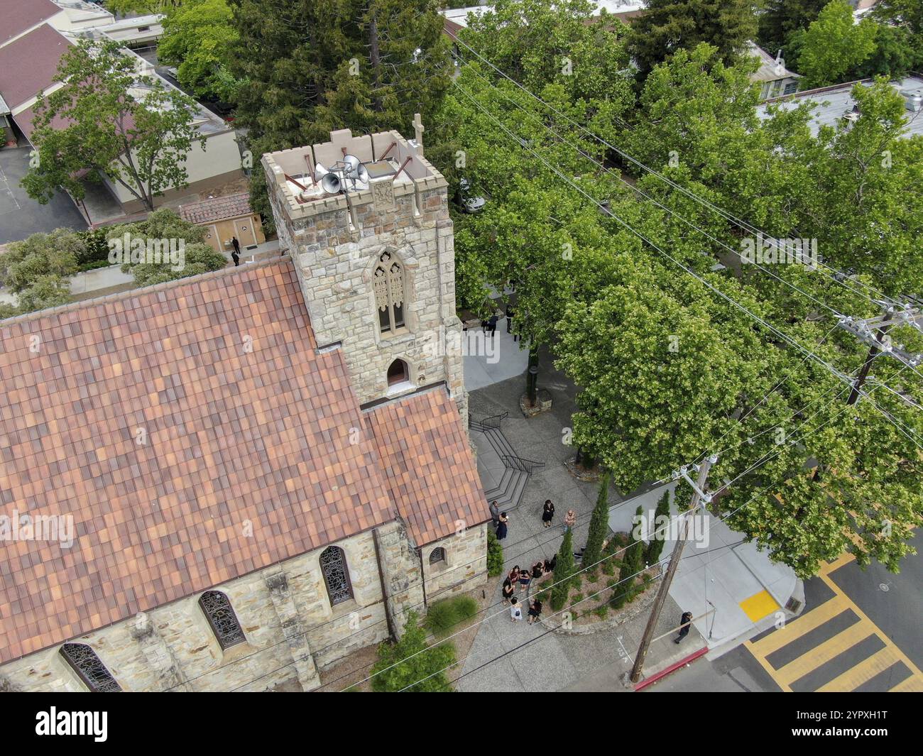 Aerial view of St. Helena Roman Catholic Church, historic church ...