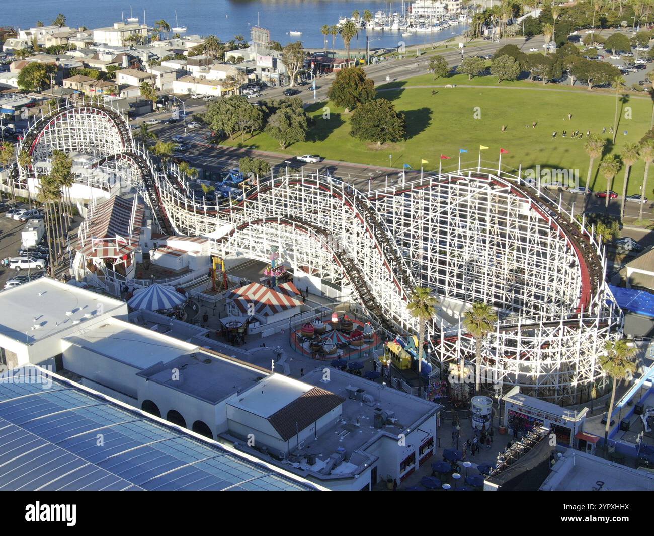 Aerial view of iconic Giant Dipper roller coaster in Belmont Park, an ...