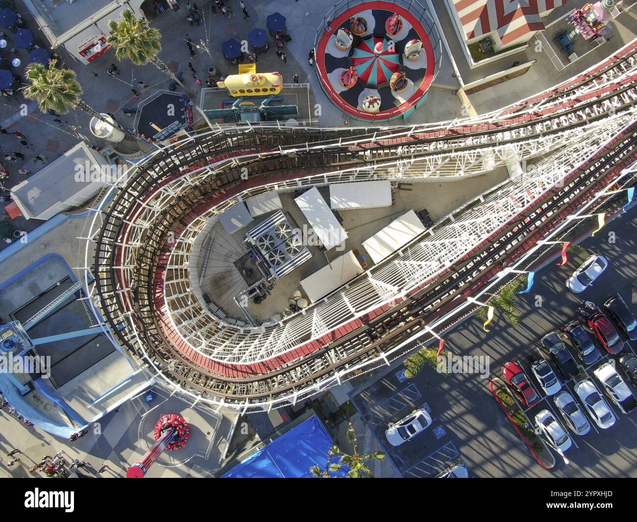 Aerial view of iconic Giant Dipper roller coaster in Belmont Park, an ...