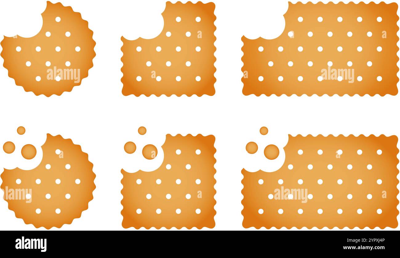 Set of whole and bitten crackers with crumbs. Sweet or salty biscuit ...