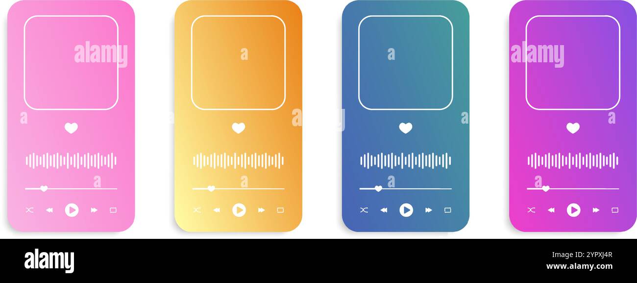 Set of colorful audioplayer interface templates with album cover frame ...