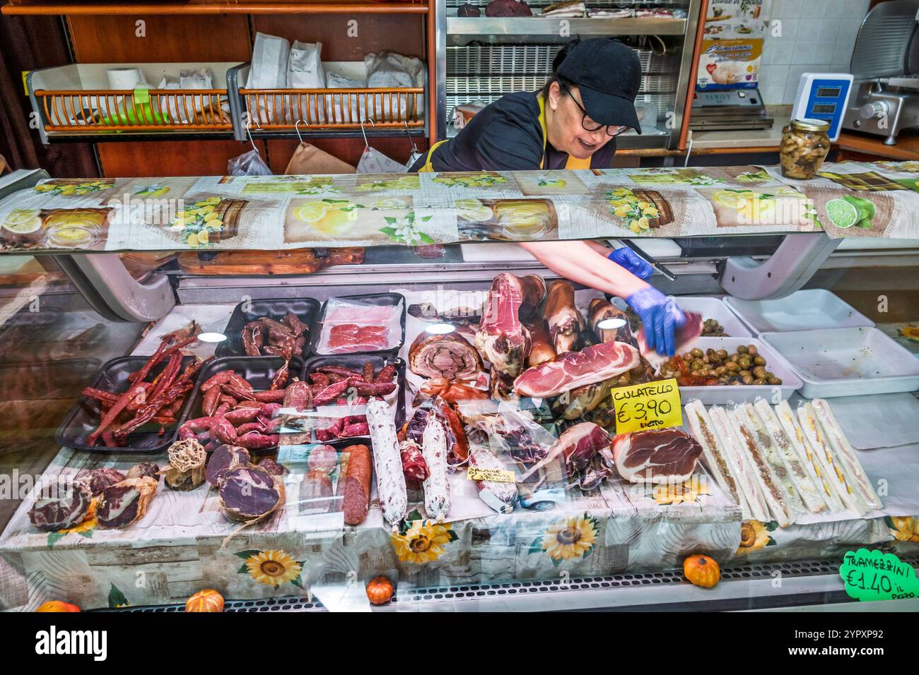 Civitavecchia Italy,deli counter delicatessen,meat display,salami ...