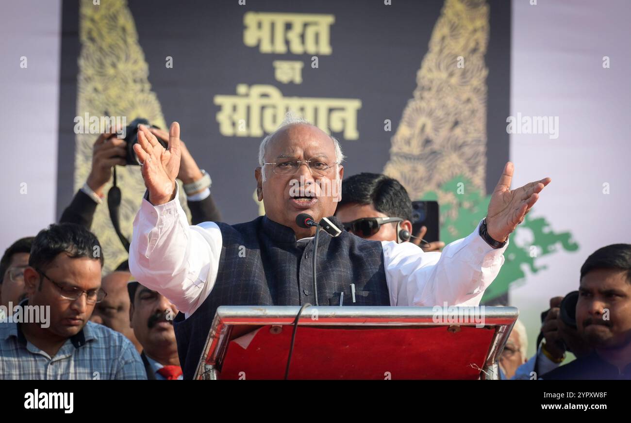 NEW DELHI, INDIA - DECEMBER 1: Congress President Mallikarjun Kharge addresses a public meeting ...
