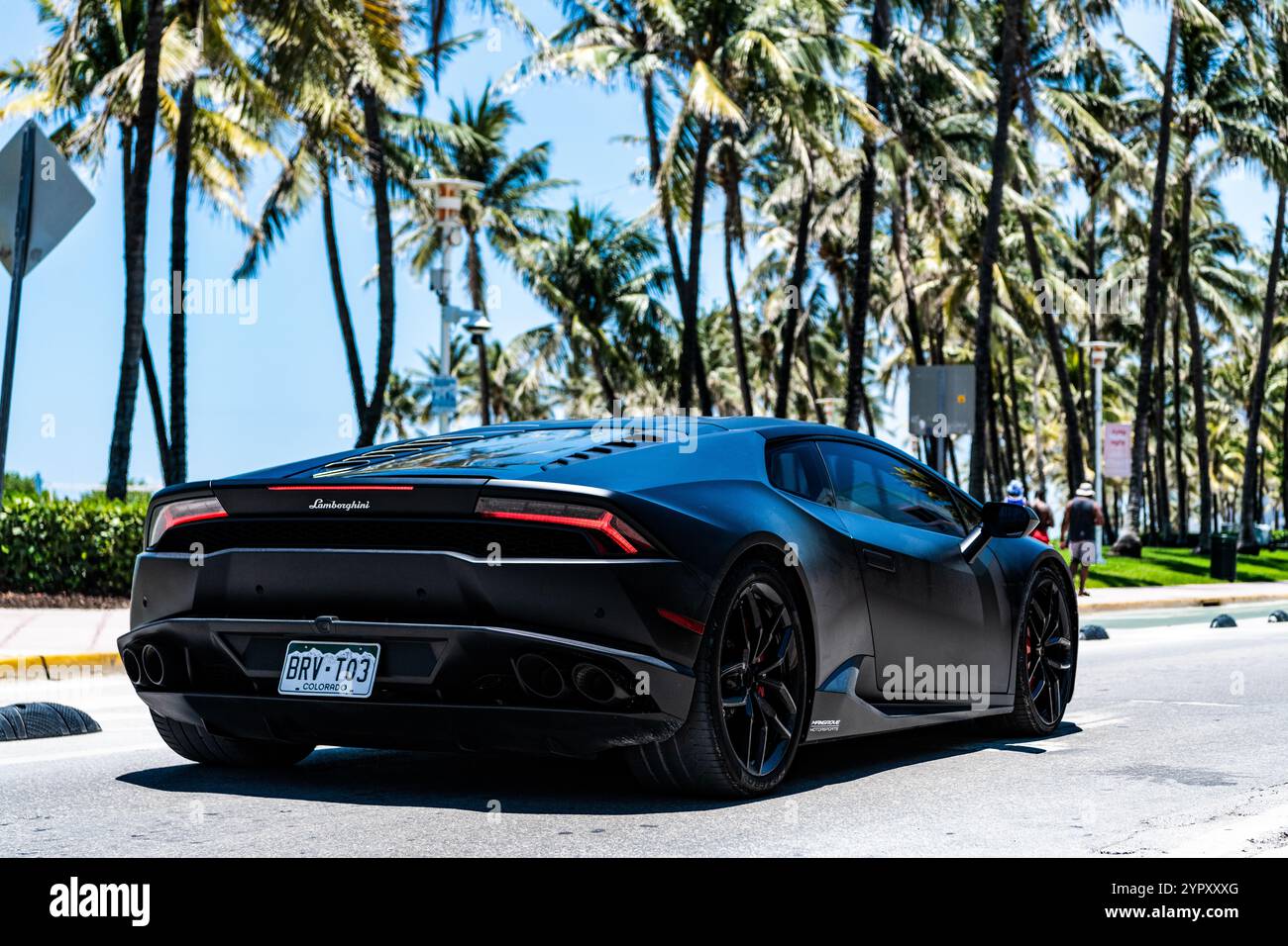 Miami Beach, Florida USA - June 9, 2024: 2023 Lamborghini Huracan matte black at miami beach ...