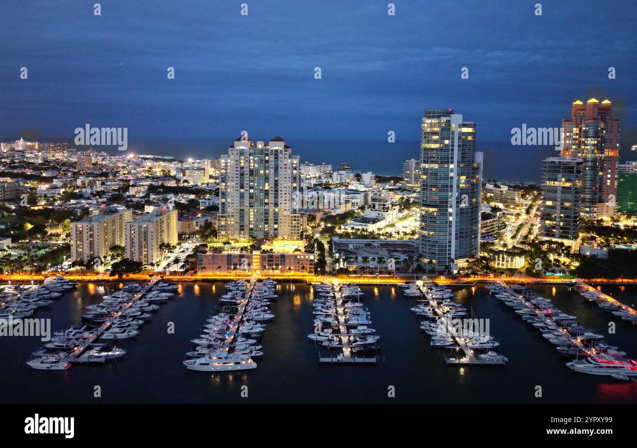 Luxury yacht at night. Miami south beach view. Yacht club. Marina in ...