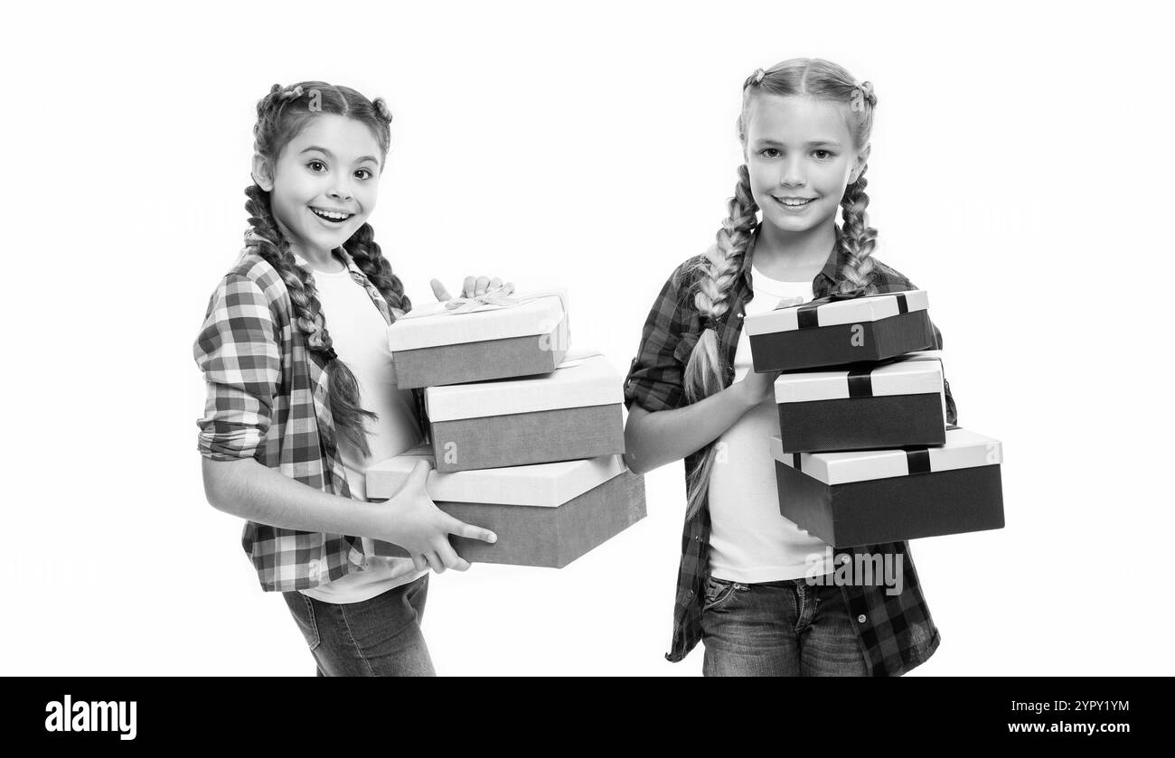 happy birthday. birthday present box. children girls sharing present ...