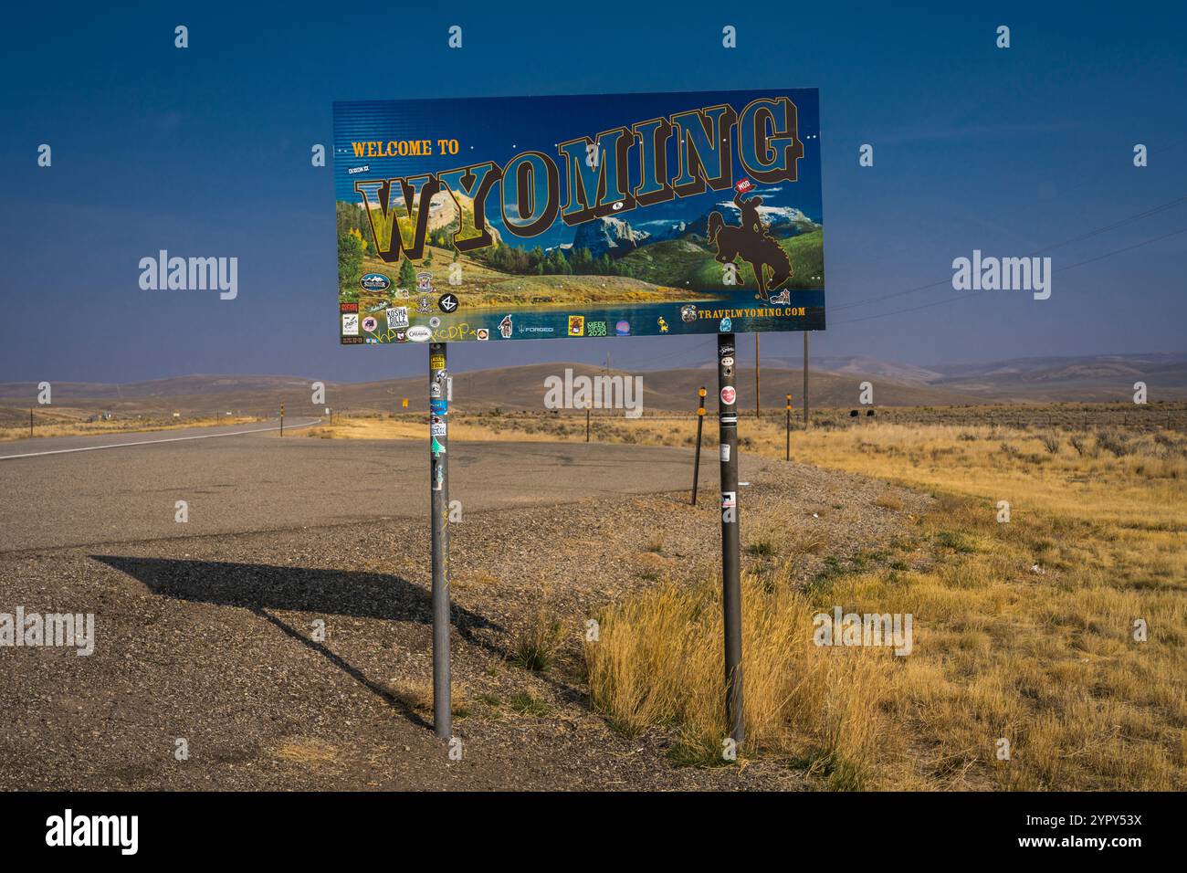 OCT 2020, Wyoming, USA - Welcome to Wyoming State Highway sign welcomes ...