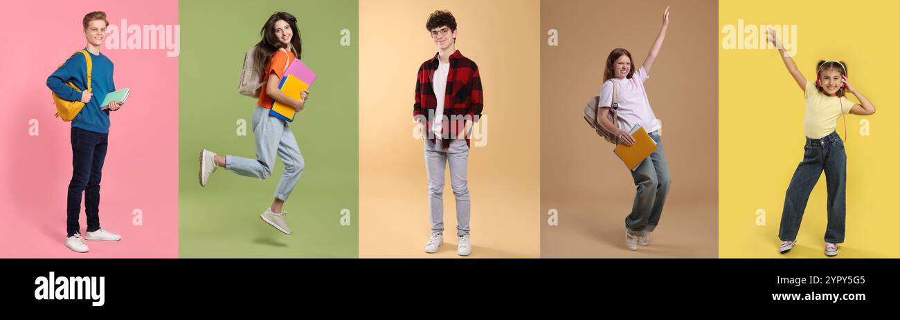 Teenagers on different colors backgrounds. Collage of portraits Stock ...