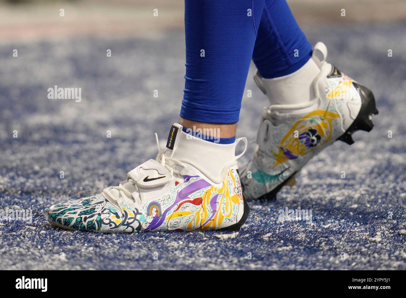 The cleats of Buffalo Bills quarterback Josh Allen are shown before an ...