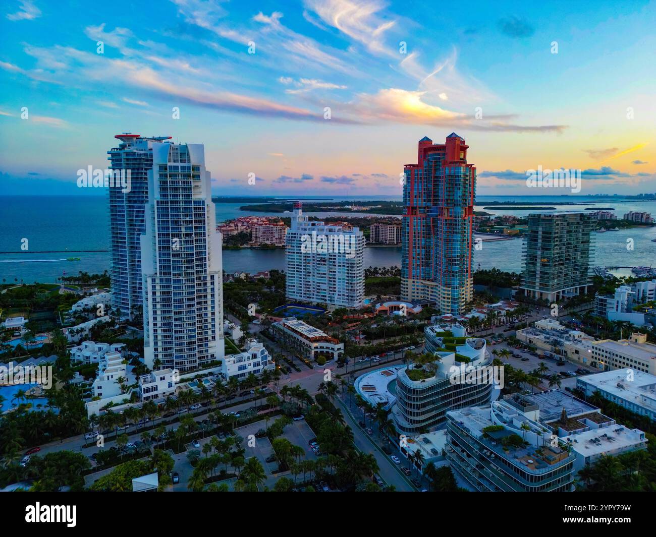 Aerial on Miami skyscraper in sunset. Aerial Miami south beach ...