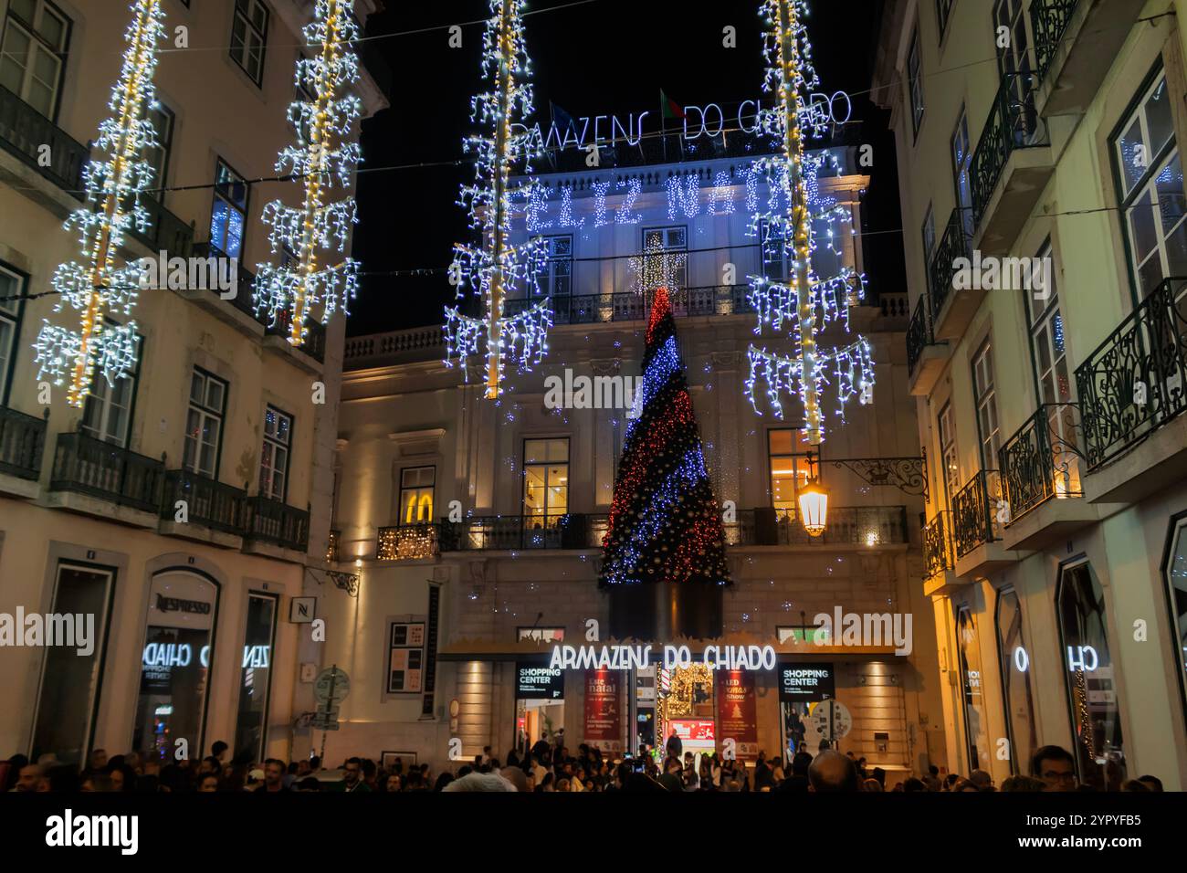 Lisbon, Portugal - Christmas lights and decorations in Chiado historic ...