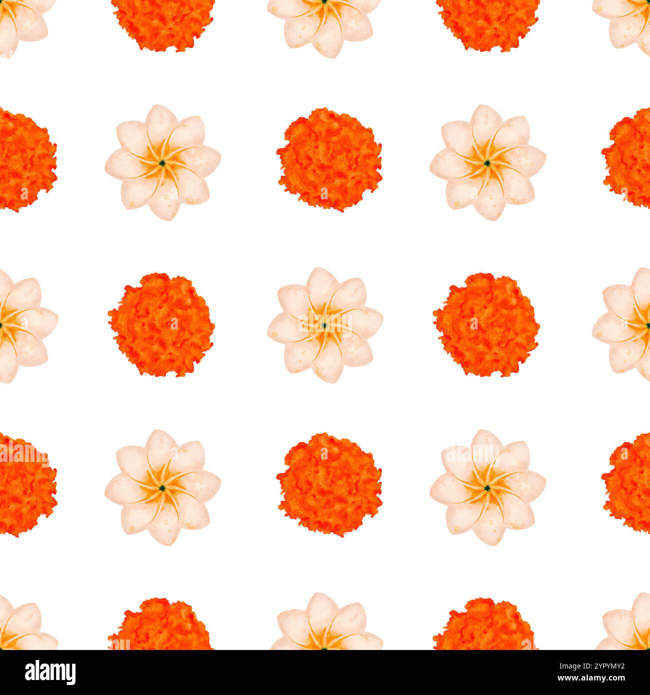 The artwork displays a seamless pattern of bright orange blooms with ...