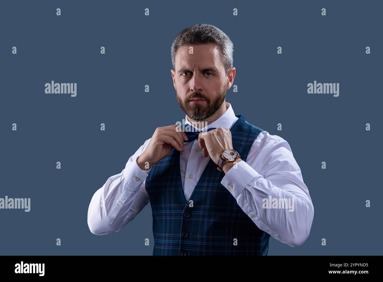 Charismatic man in formal menswear. Handsome waiter man wear tuxedo ...