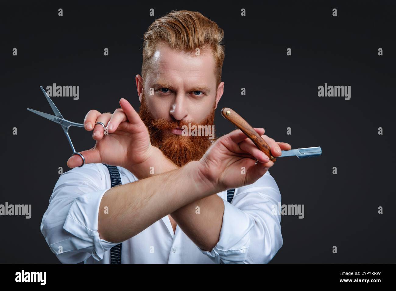 Haircut by hairdresser at barbershop. Barber man. Man barber with razor ...