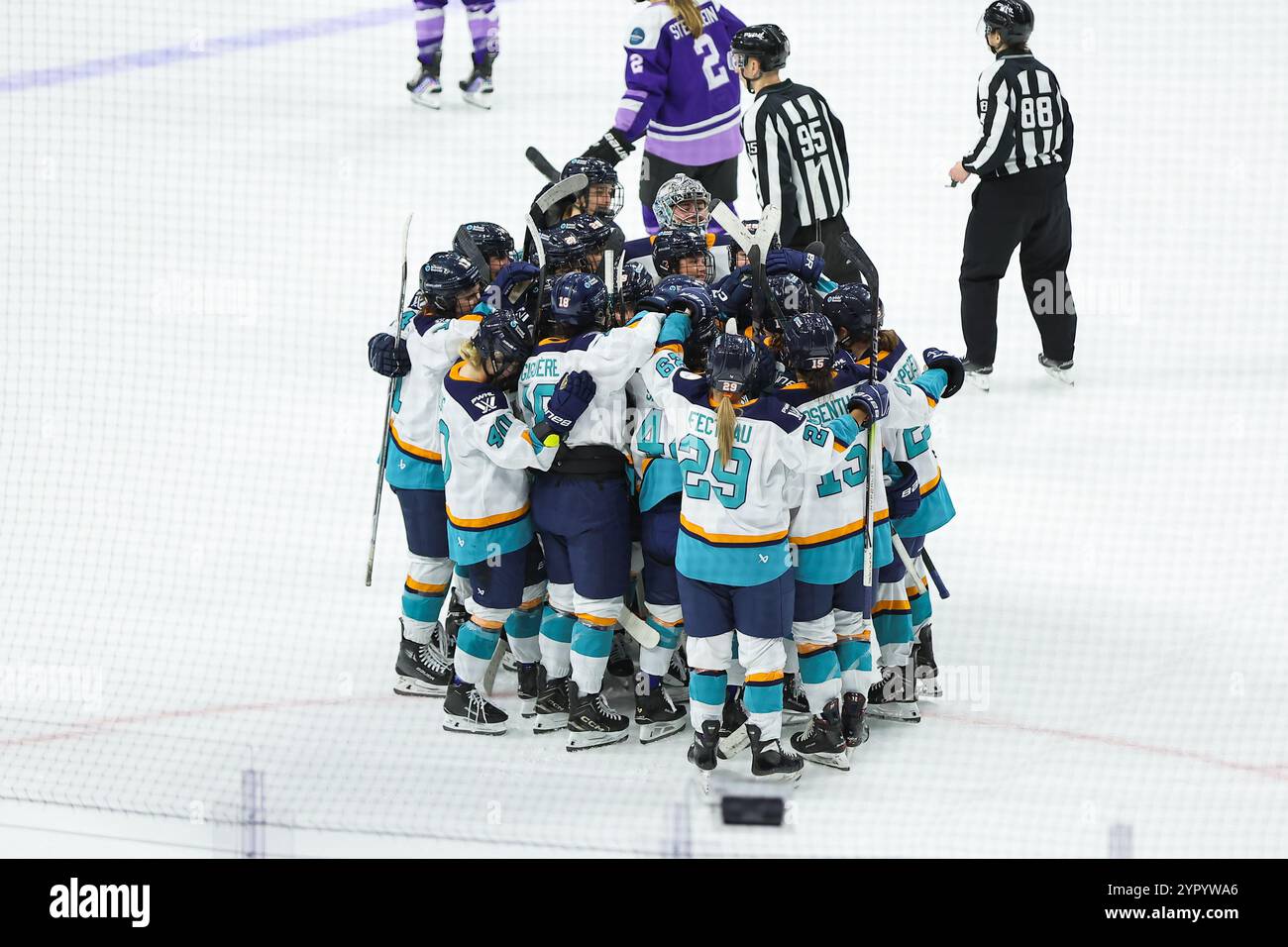 November 19th, 2024: New York Sirens celebrate the win in overtime on a ...