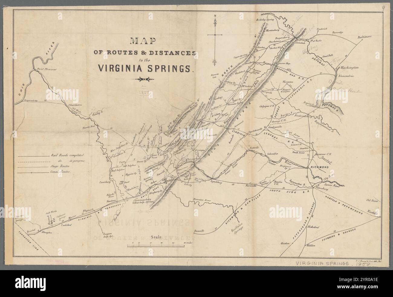Map of routes & distances to the Virginia springs 1858 Stock Photo - Alamy