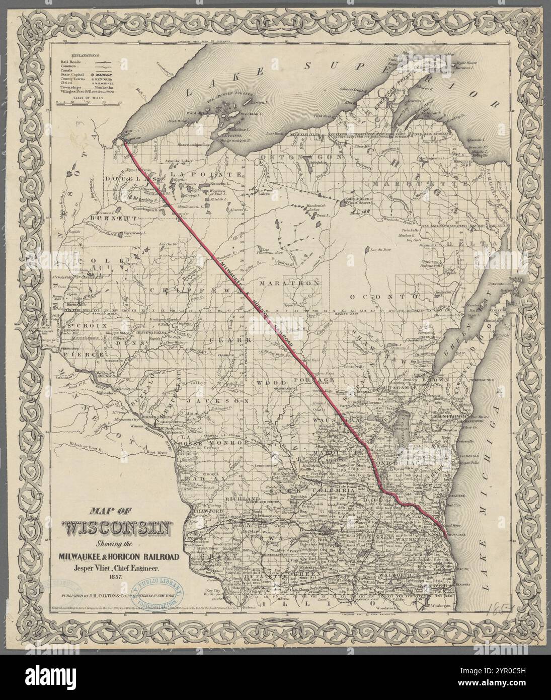 Map of Wisconsin showing the Milwaukee & Horicon Railroad 1857 by Vliet ...